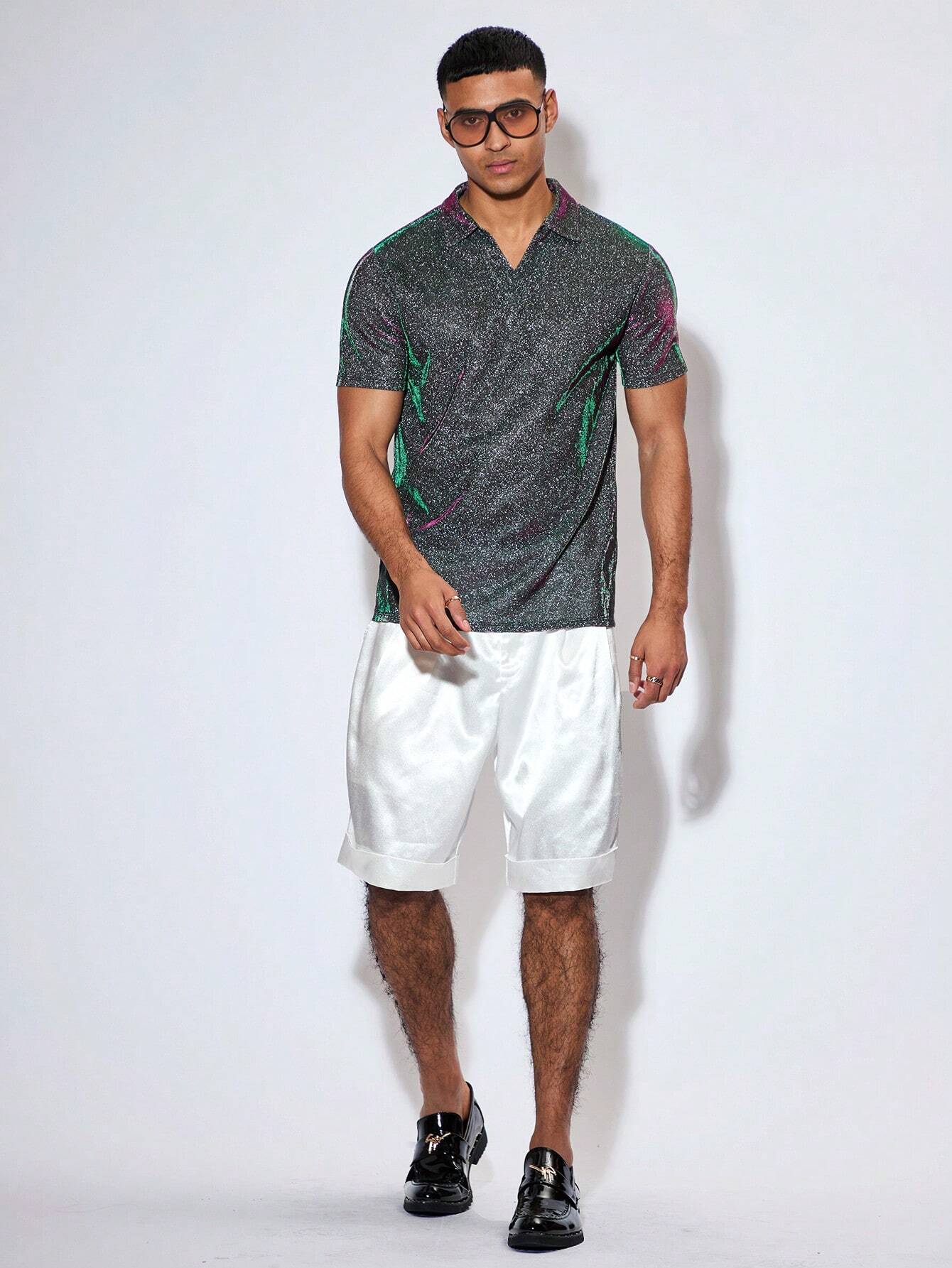 Manfinity NiteLyfe กางเกงขาสั้น ผู้ชาย เทศกาลดนตรี งานแต่งงาน ฤดูกาล แบบทอ ลายเส้นสีสันสดใส สี ...