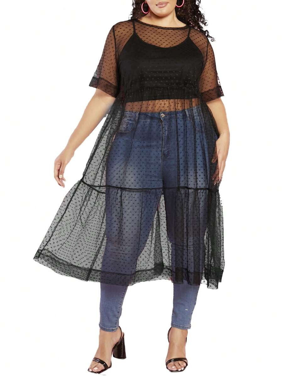 SHEIN CURVE+ Plus Size Polka Dot Mesh Dress | SHEIN USA