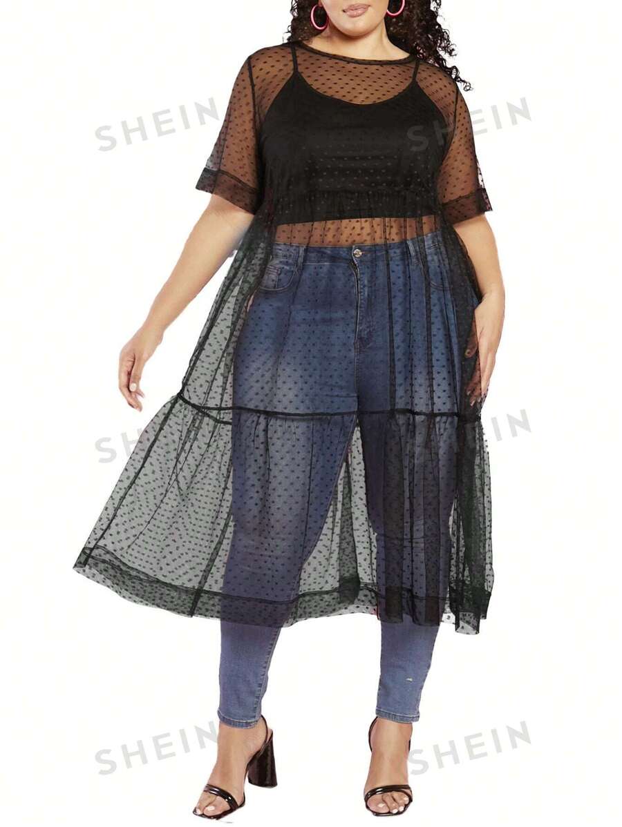 SHEIN CURVE+ Plus Size Polka Dot Mesh Dress | SHEIN USA