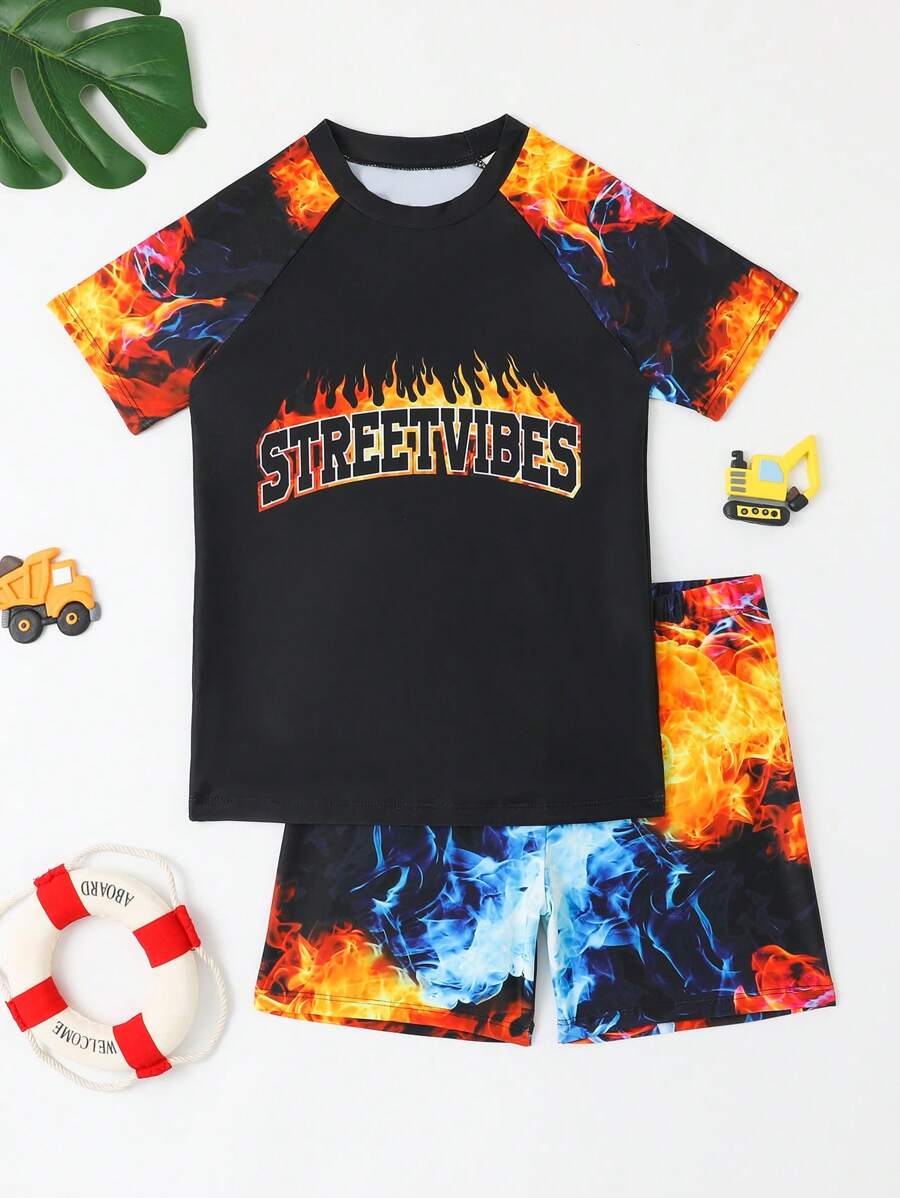 Letter Flame Print Boy's Short Sleeve Rash Guard Separates Swimsuit Set ...