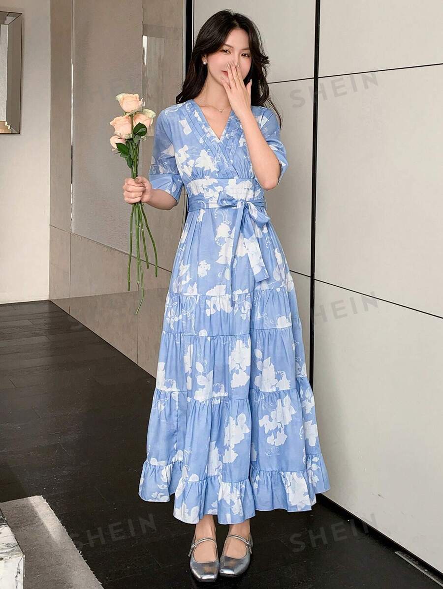 DAZY Floral Print V-Neck Dress With Ruffle Hem | SHEIN USA