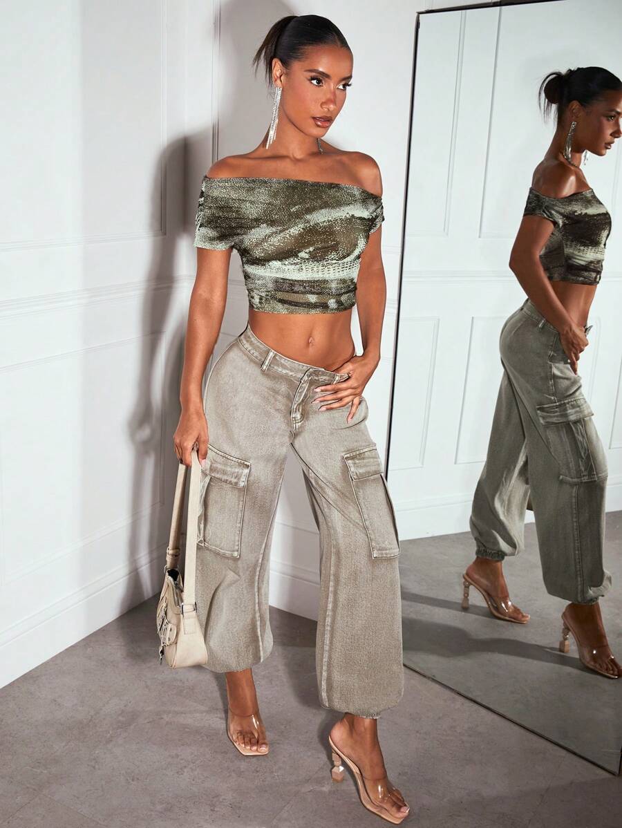 SHEIN BAE Green Abstract Human Eye Oblique Shoulder Top With Asymmetric ...