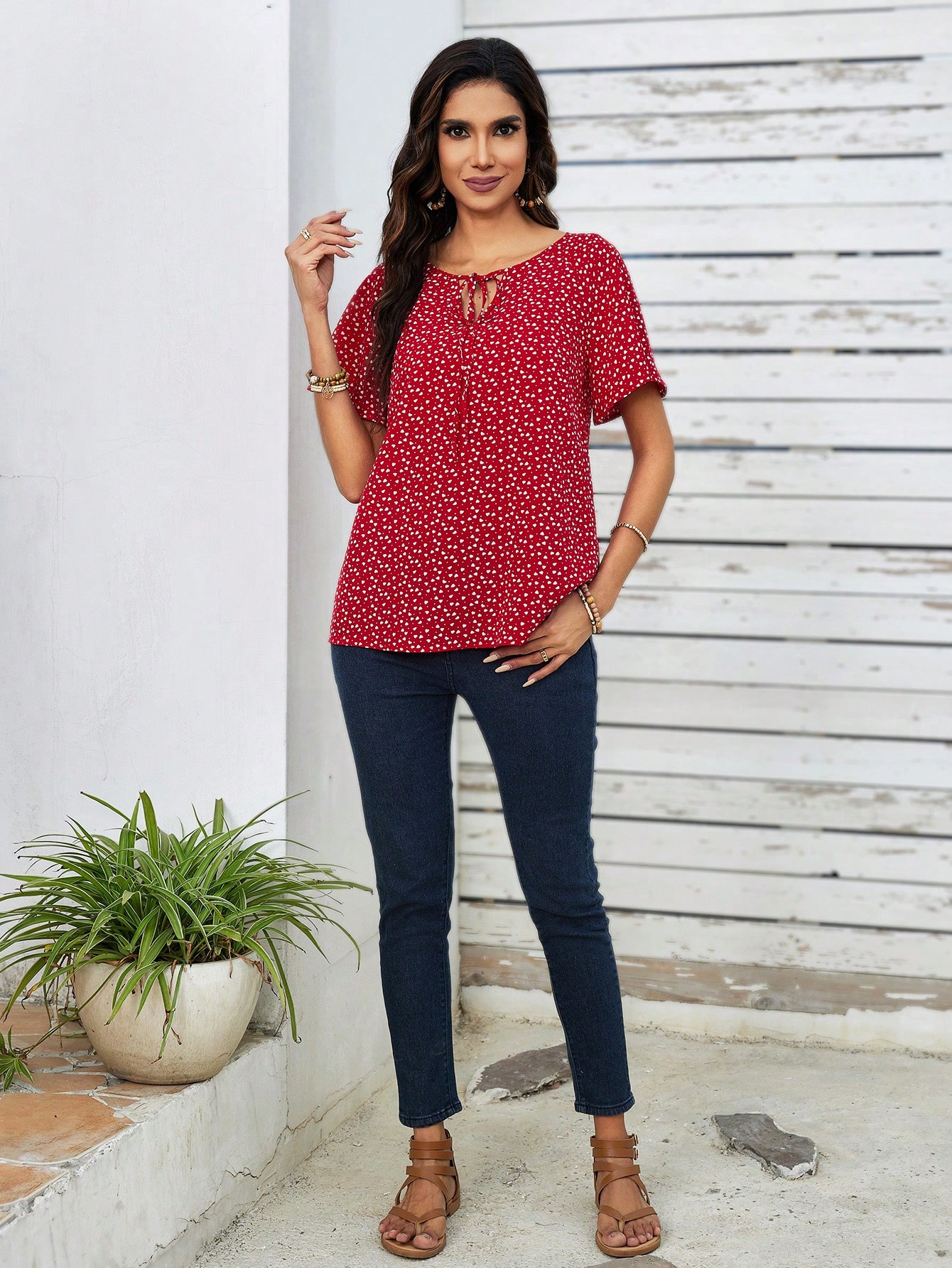 EMERY ROSE Women's Short Sleeve Red Polka Dot Shirt With Ruffled ...