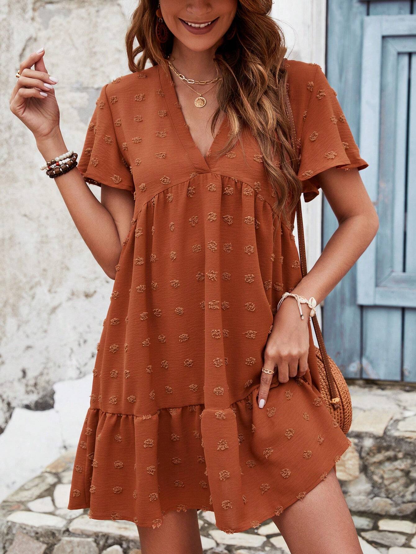 SHEIN VCAY Swiss Dot V-Neckline Dress With Ruffle Hem | SHEIN USA