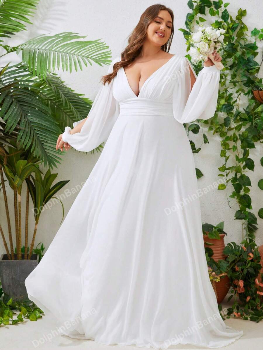 Robe longue de demoiselle d'honneur pour femmes grandes tailles, à manches longues, plissée ...