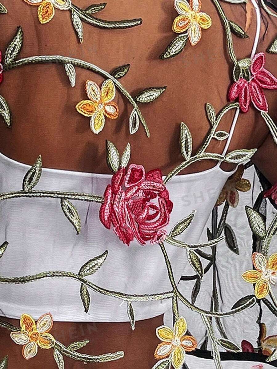 SHEIN LUNE Women's Floral Embroidered Sheer Mesh Open Front Jacket ...