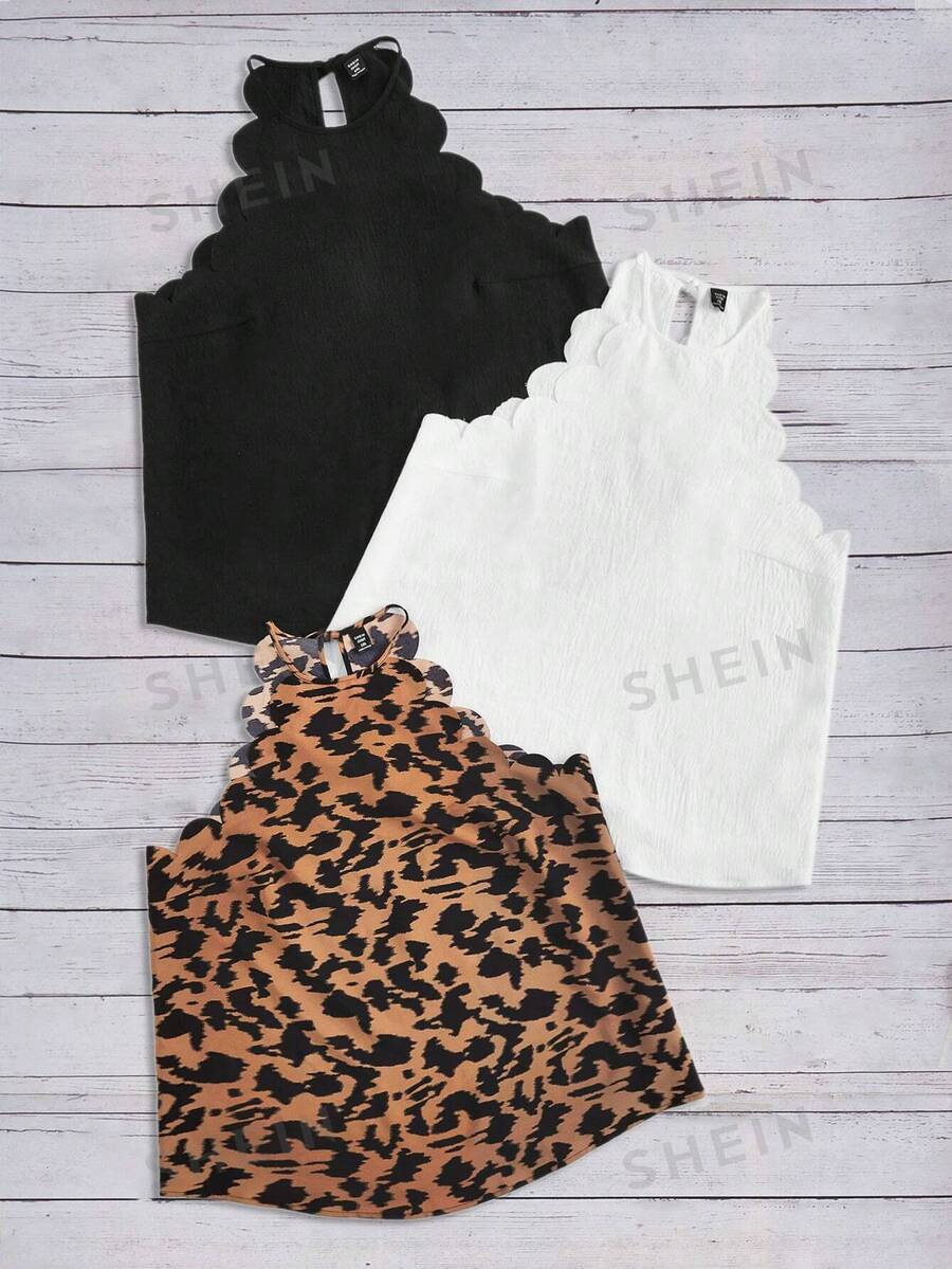 SHEIN VCAY Plus Size Summer Shell Edge Halter Neck Vest Set (3pcs) for ...