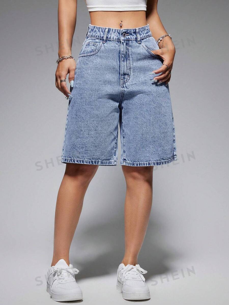 SHEIN EZwear Solid Color Straight Leg Denim Shorts With Diagonal ...