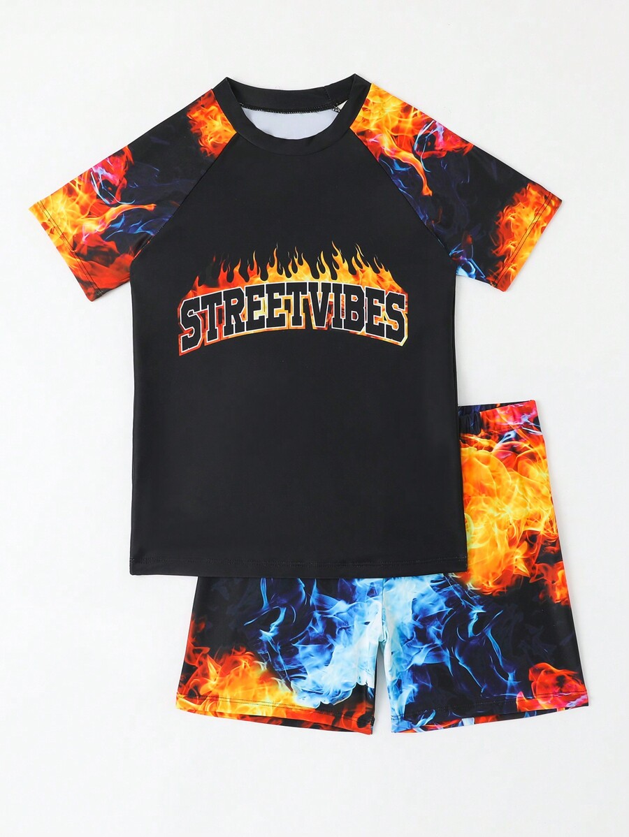 Letter Flame Print Boy's Short Sleeve Rash Guard Separates Swimsuit Set ...
