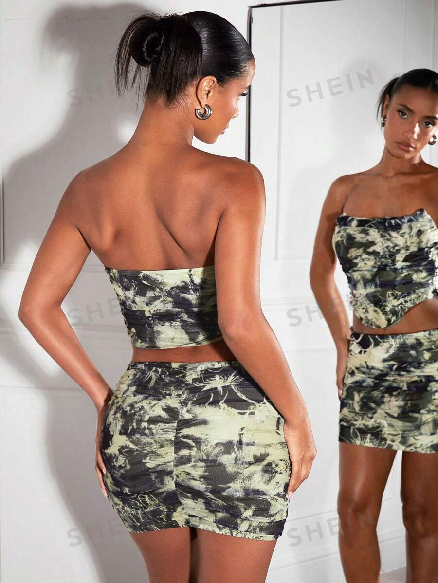 SHEIN BAE Natural Texture Abstract Floral Tube Top With Pleats, Music ...