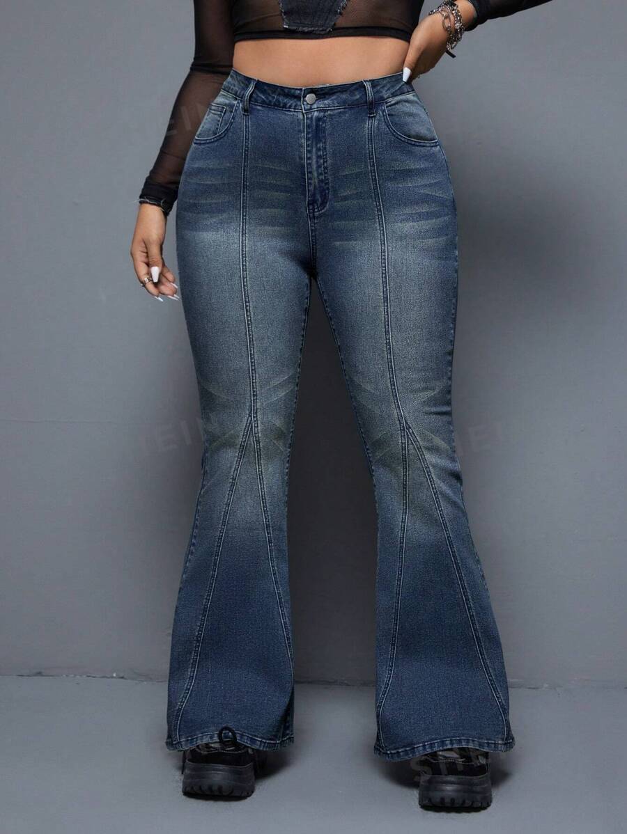 SHEIN ICON Plus Size Washed Denim Flared Jeans With Slanted Pockets ...