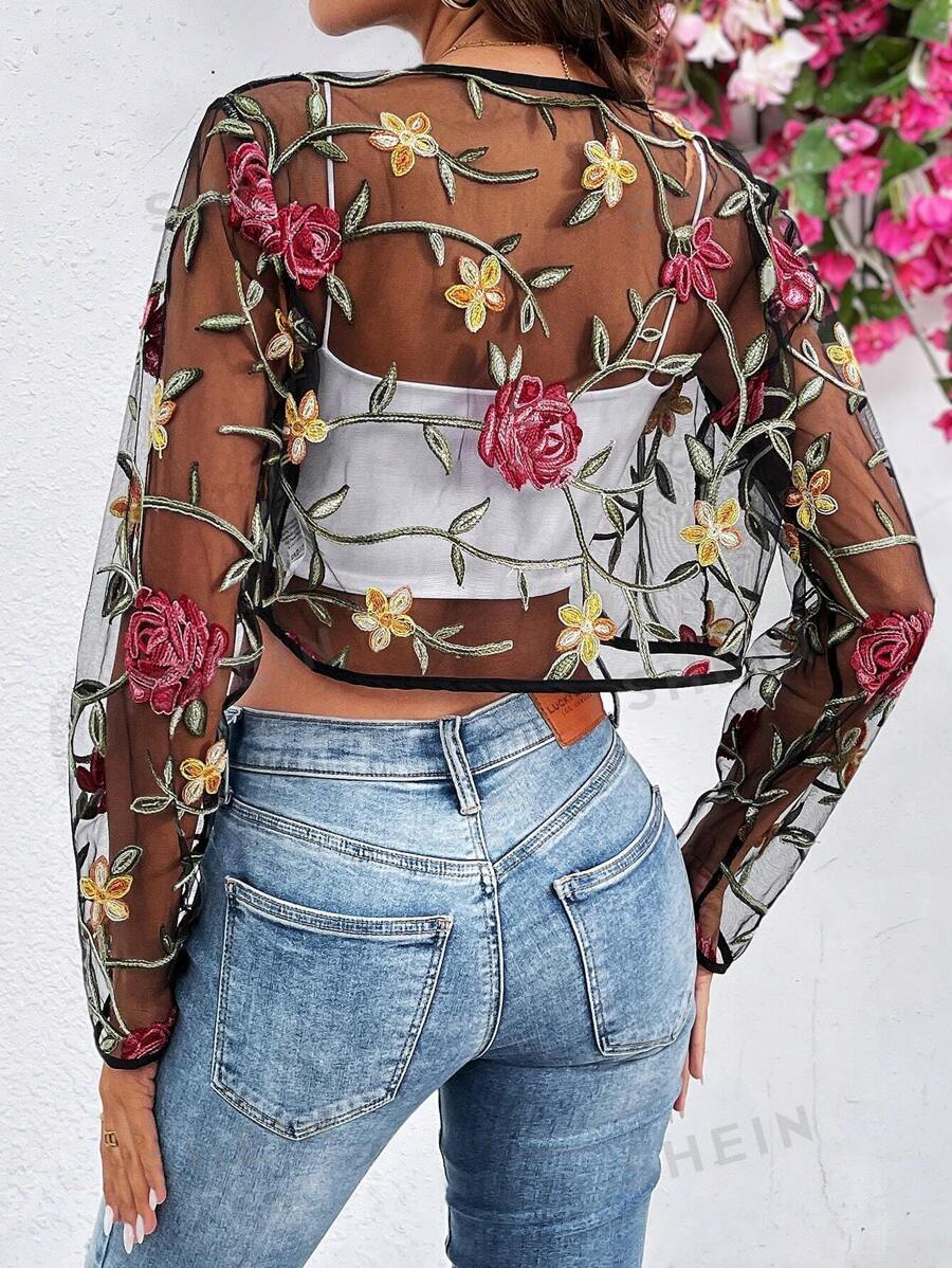 SHEIN LUNE Women's Floral Embroidered Sheer Mesh Open Front Jacket ...