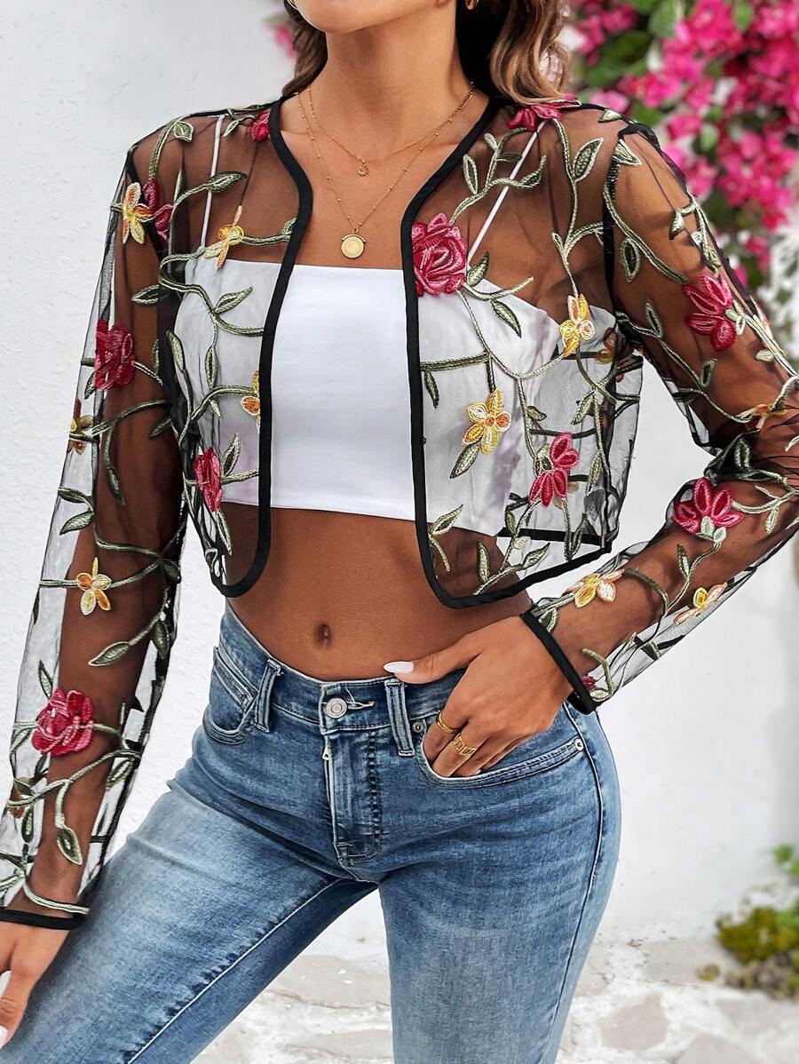SHEIN LUNE Women's Floral Embroidered Sheer Mesh Open Front Jacket ...