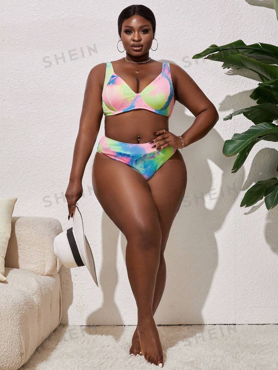 Shein Swim Curve Summer Beach Plus Size Tie Dye Texture Bikini Set