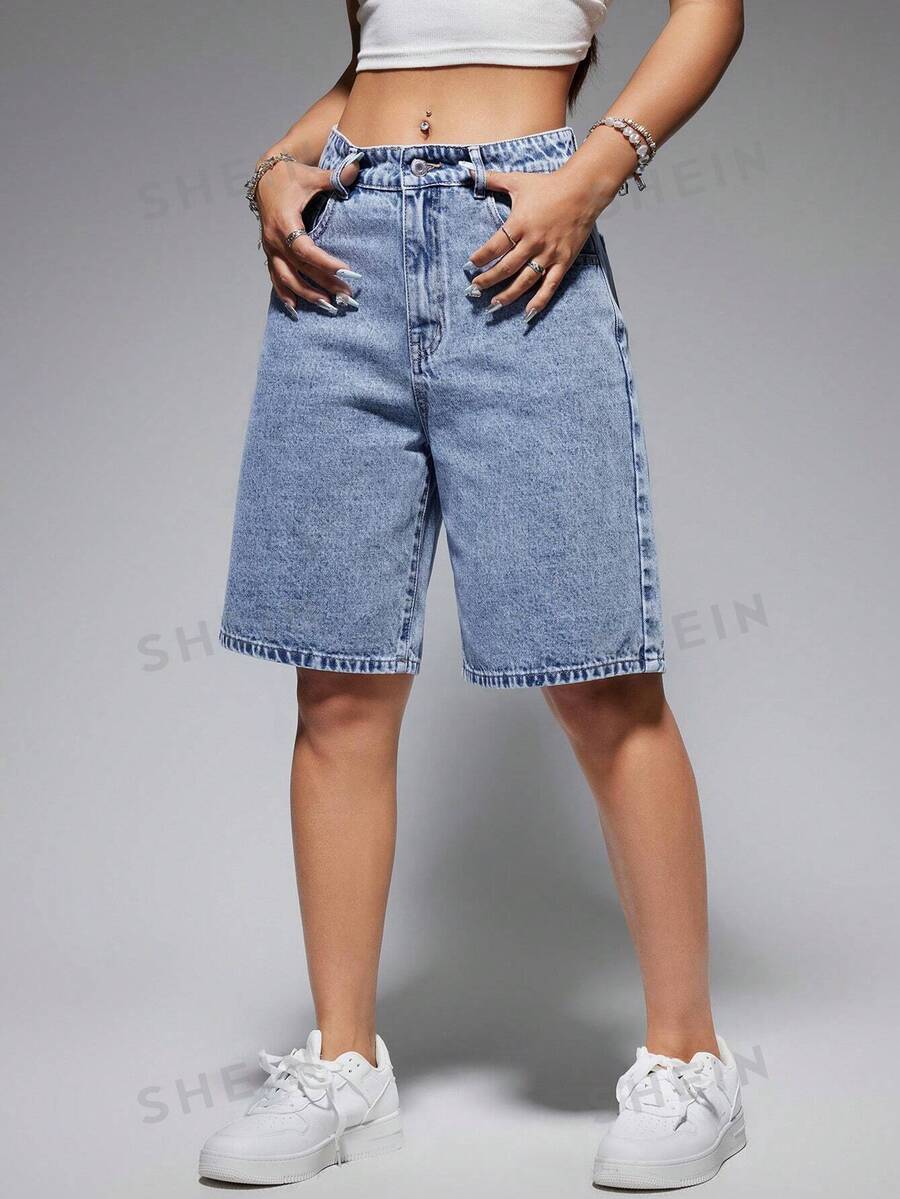 SHEIN EZwear Solid Color Straight Leg Denim Shorts With Diagonal ...
