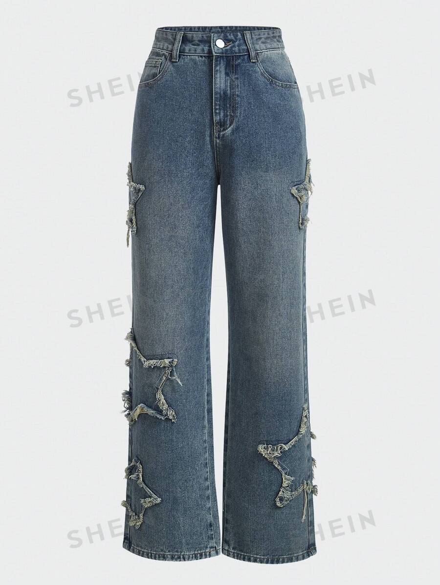 ROMWE Grunge Punk Star Pattern Straight Leg Jeans, School | SHEIN USA