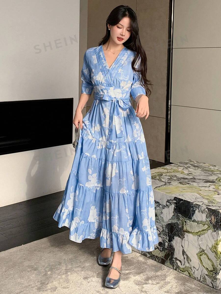 DAZY Floral Print V-Neck Dress With Ruffle Hem | SHEIN USA