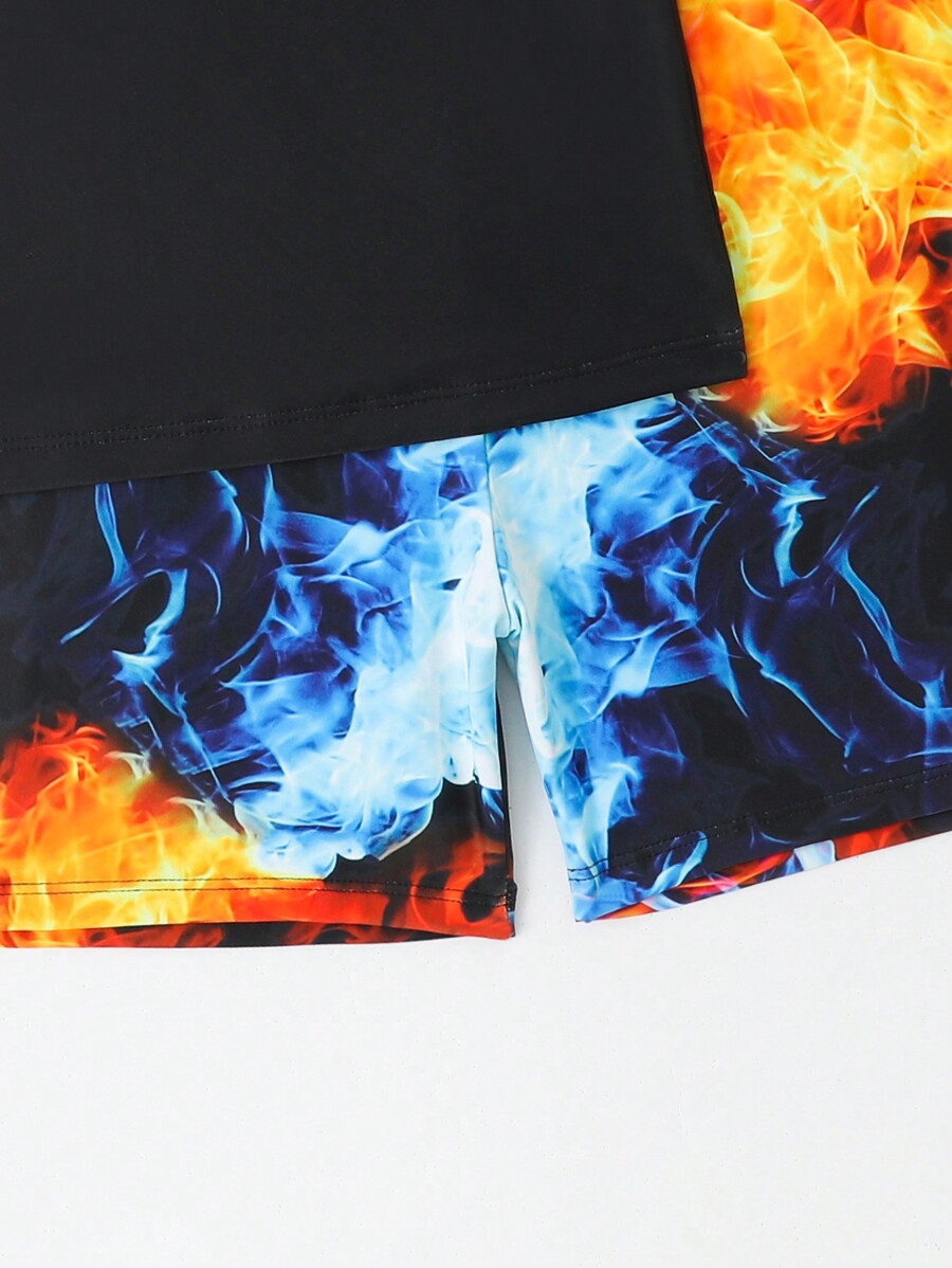 Letter Flame Print Boy's Short Sleeve Rash Guard Separates Swimsuit Set ...