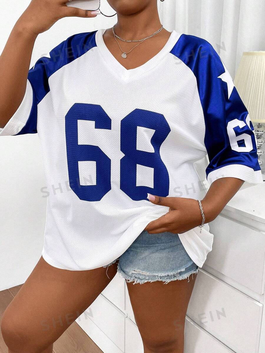 SHEIN EZwear Plus Size Baggy Short Sleeve Sports Tee With Number Print ...