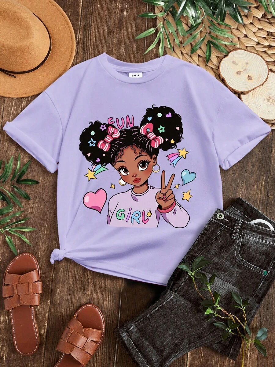 SHEIN Tween Girls' Casual Simple Heart & Cartoon Character Print Short ...