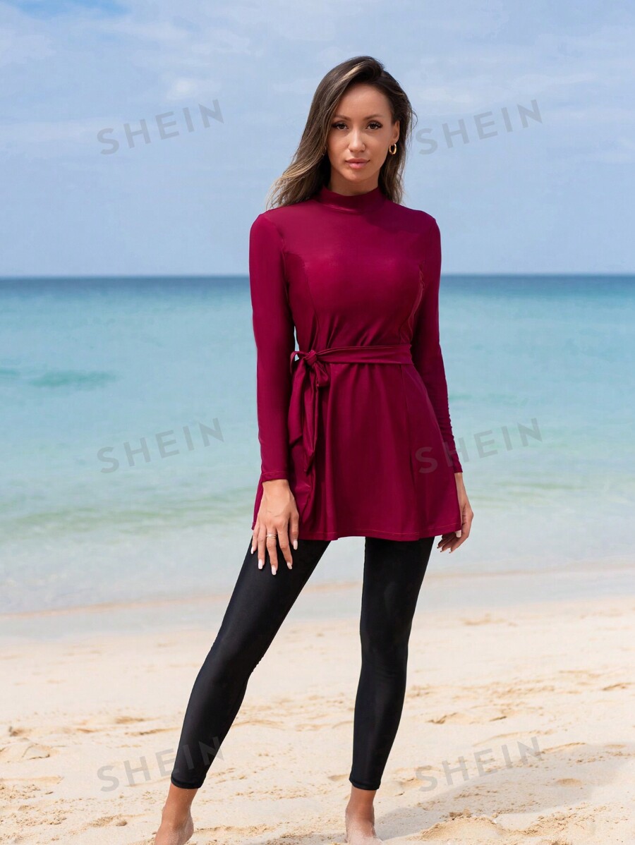 Solid Color Ruched Long Sleeve Top And Pants Bikini Set, Modest Two ...