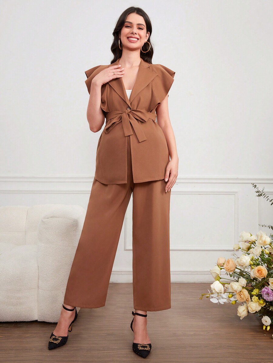 SHEIN Maternity Solid Color Ruffled Hem Top And Pants Two-Piece Set For ...