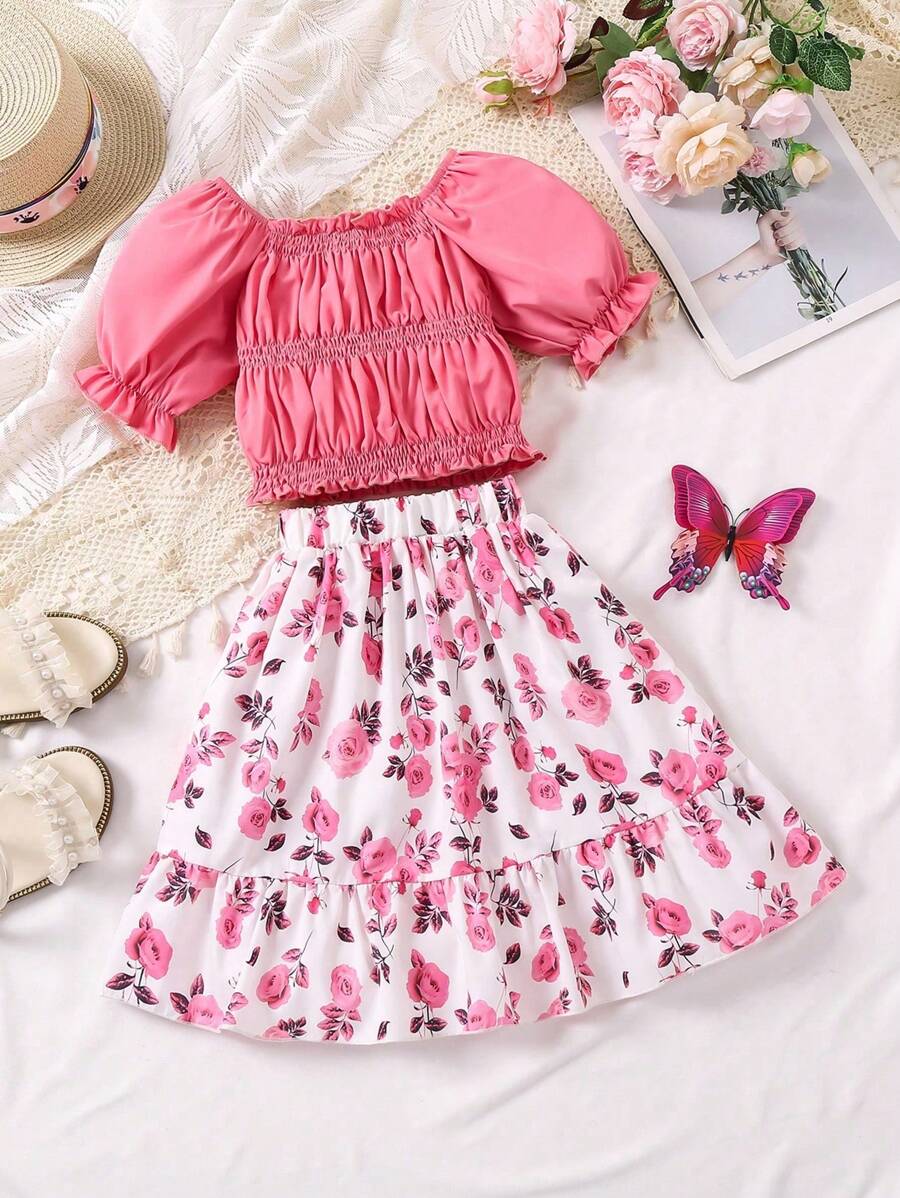 SHEIN Girls' Two Piece Set - Shirred Pink Printed Top And Skirt ...