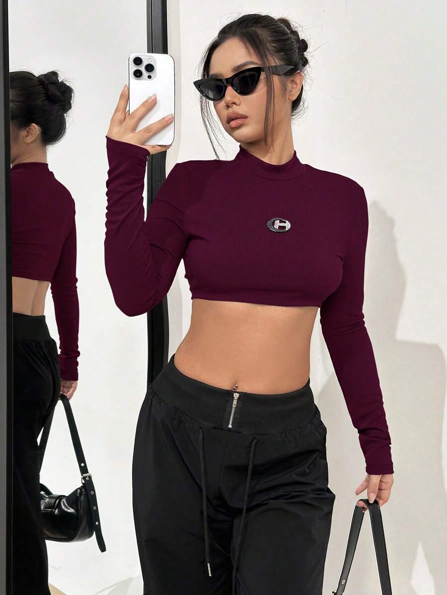 SHEIN ICON Slim Fit Ribbed Long Sleeve Top With Patch Detail And ...