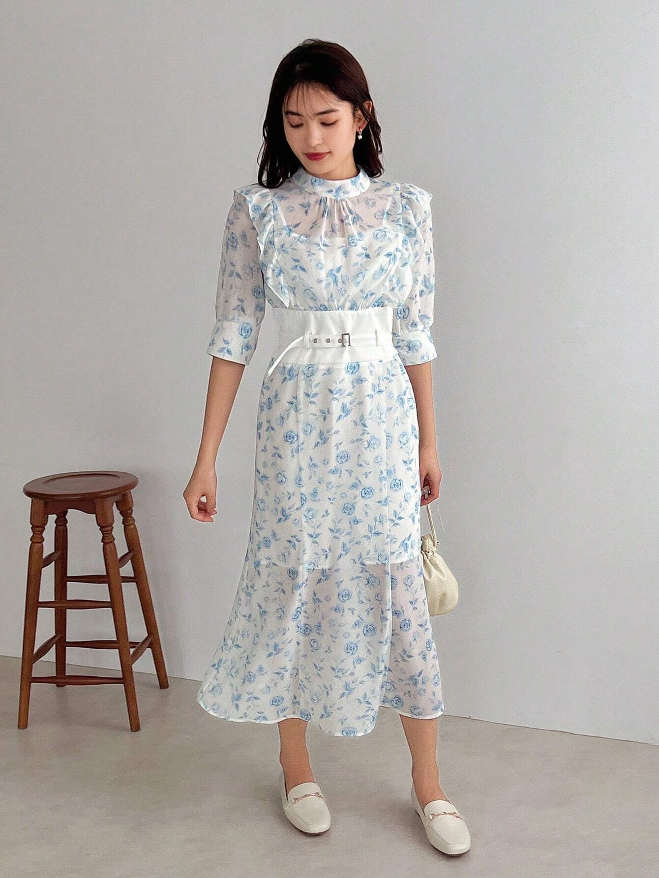 FRIFUL Floral Print Cinched-Waist Mermaid Hem Dress | SHEIN USA