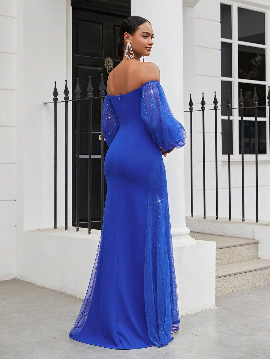 SHEIN Belle Elegant And Gorgeous Women's Electric Blue Off-Shoulder Sequined Mesh Spliced High ...
