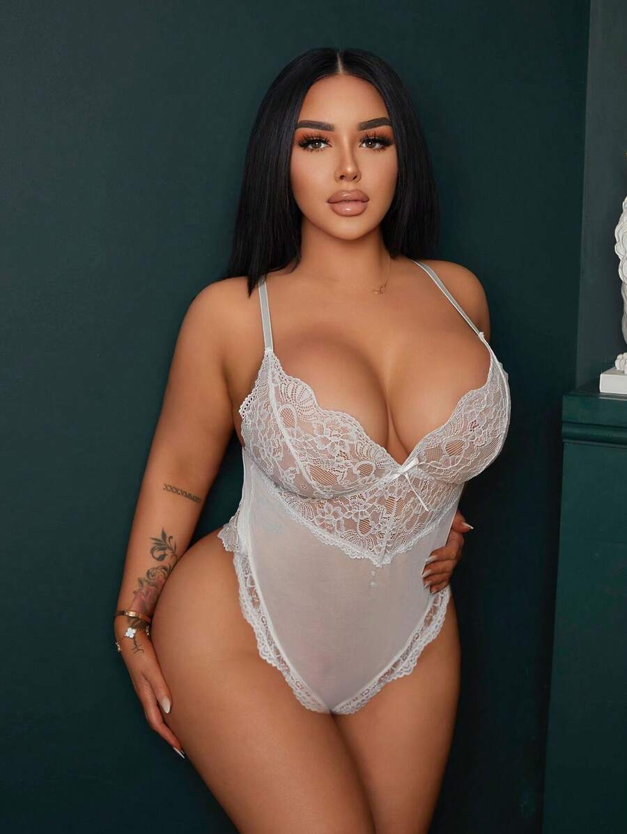Plus Size Deep V Neck Sexy Lace Splicing Mesh Bodysuit Shein Usa