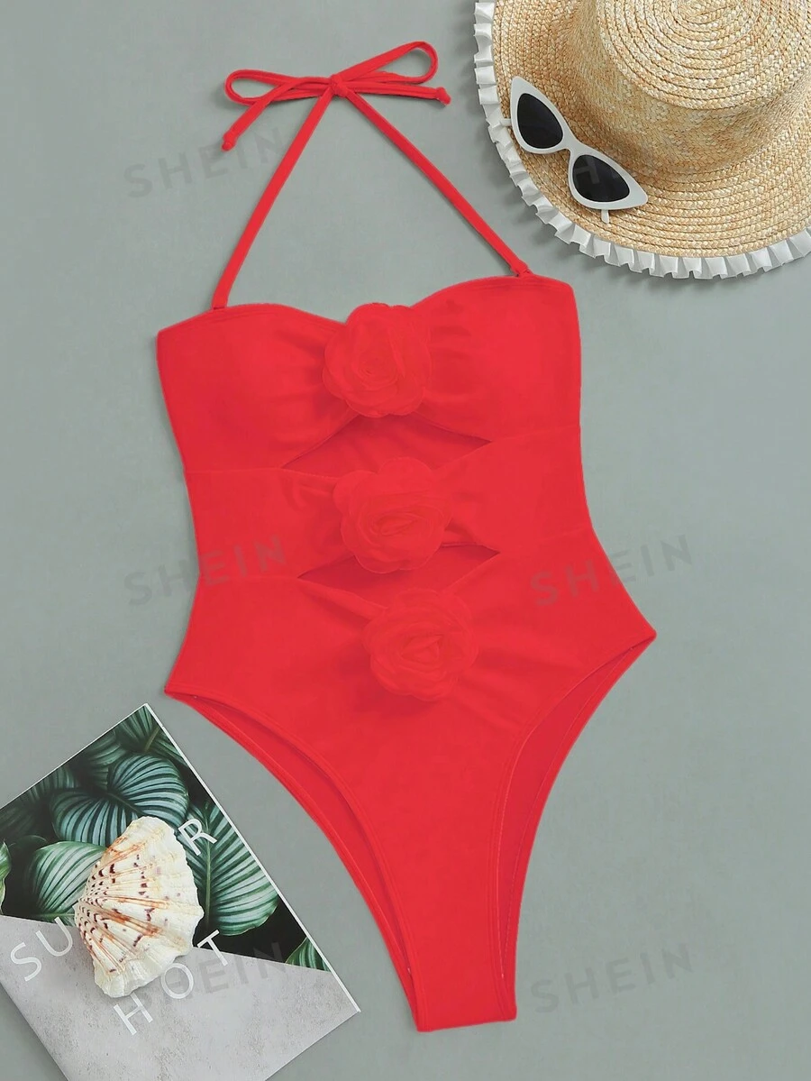 SHEIN Swim Women's Mono-Colored One-Piece Swimsuit With 3d Flower Decor ...