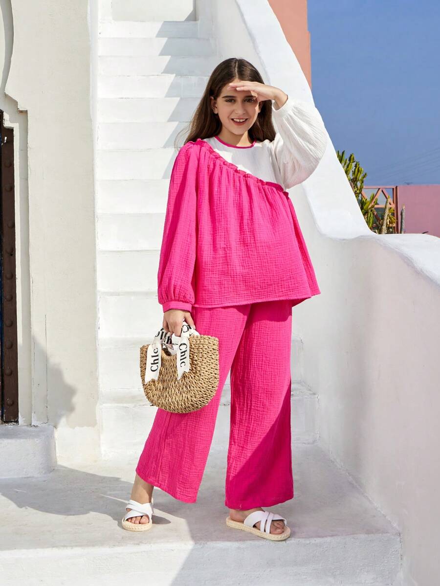 SHEIN Kids Nujoom Tween Girls' Loose Cute Contrast Color Round Neck ...