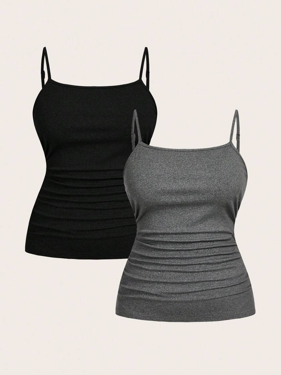 Flirla Plus Size High Elasticity Ribbed Ruffle Camisole Set | SHEIN USA