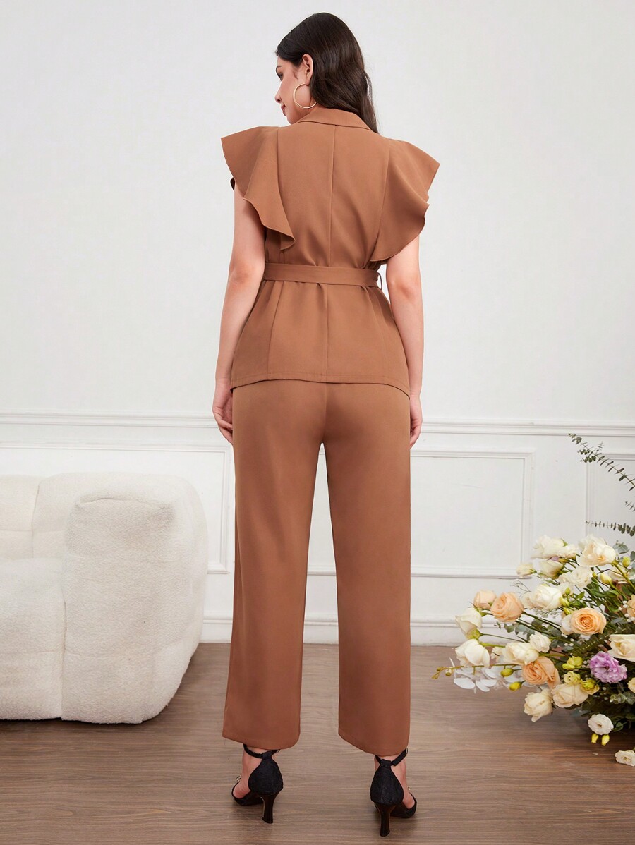 SHEIN Maternity Solid Color Ruffled Hem Top And Pants Two-Piece Set For ...