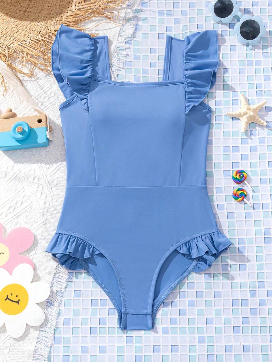 SHEIN Tween Girls' Knitted Solid Colored One-Piece Swimwear With Combining Fit, Bathing Suit ...