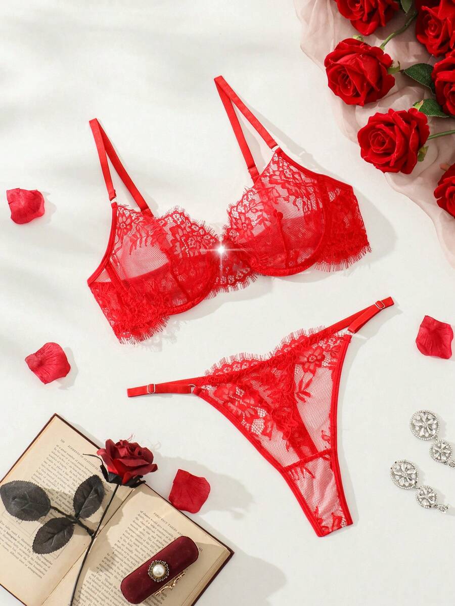 SHEIN Conjunto De Lencería Sexy Con Detalles De Encaje De Pestañas ...