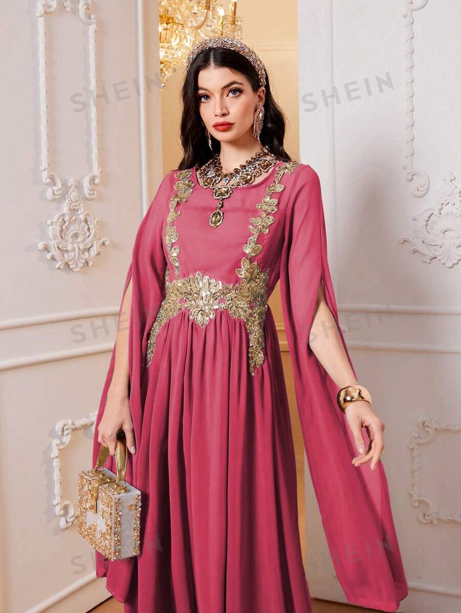 SHEIN Najma Glitter Embroidery Applique Split Sleeves Arabic Dress ...