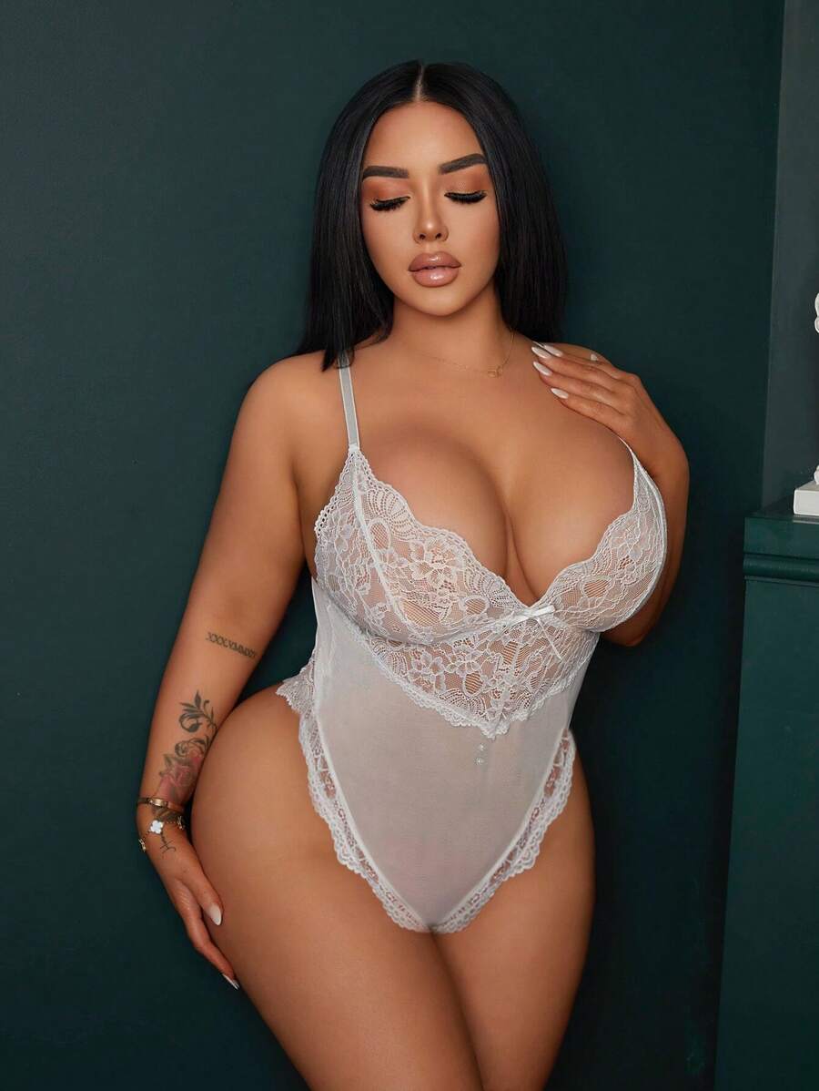 Plus Size Deep V Neck Sexy Lace Splicing Mesh Bodysuit Shein Usa
