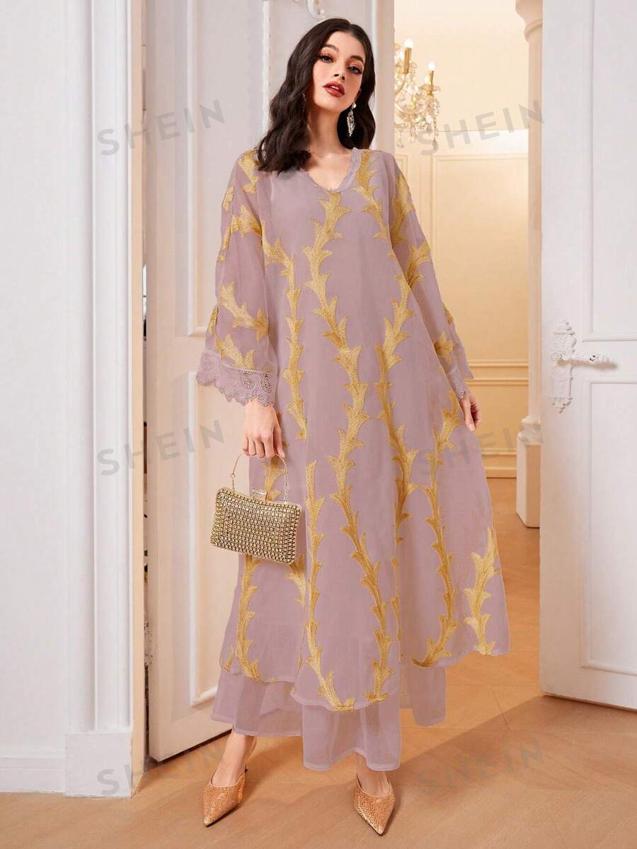 SHEIN Najma Arabic Style Dress With Lace & Embroidery On Sleeve Cuffs ...