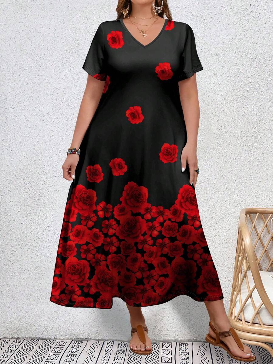 EMERY ROSE Plus Size Women Valentine's Day Rose Floral Print Short Sleeve Long Slim-Fit Dress ...