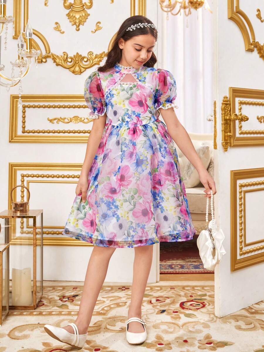 SHEIN Kids Nujoom Tween Girls' Vintage Palace Style Slim Fit Cute Stand Collar Floral Printed ...