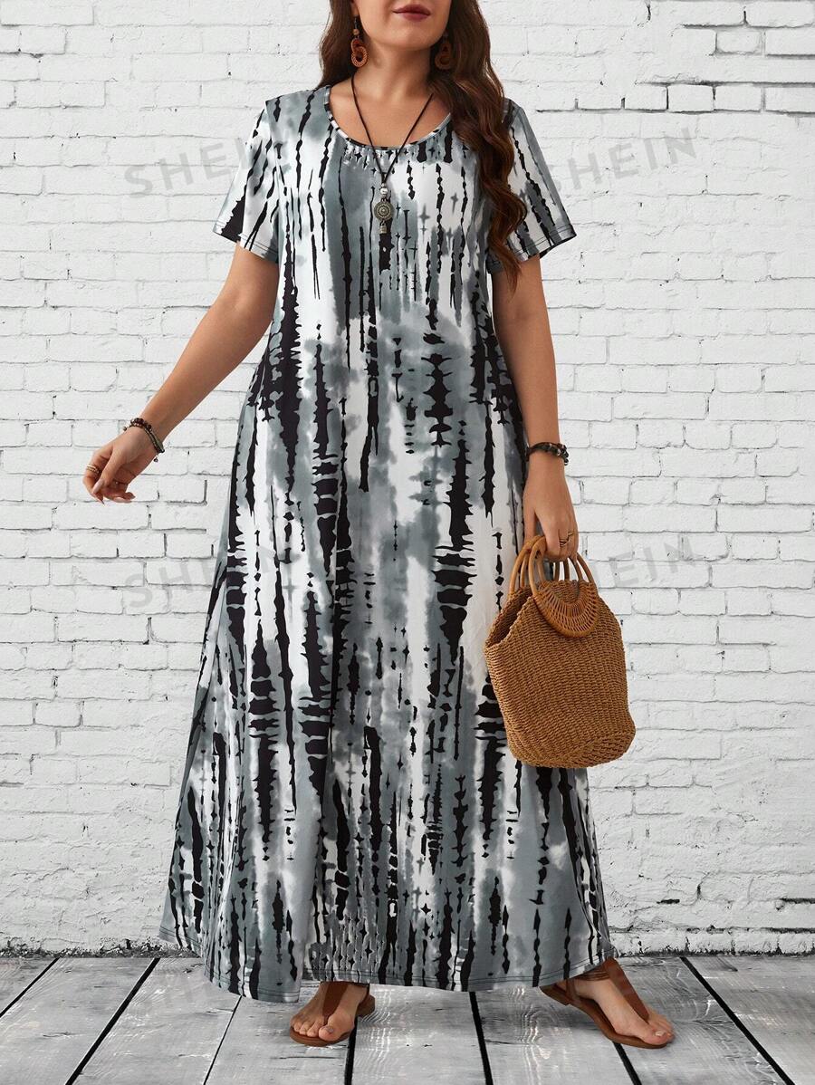 EMERY ROSE Plus Size Tie-Dye Loose Fit Casual Short Sleeve Dress With Round Neck | SHEIN USA