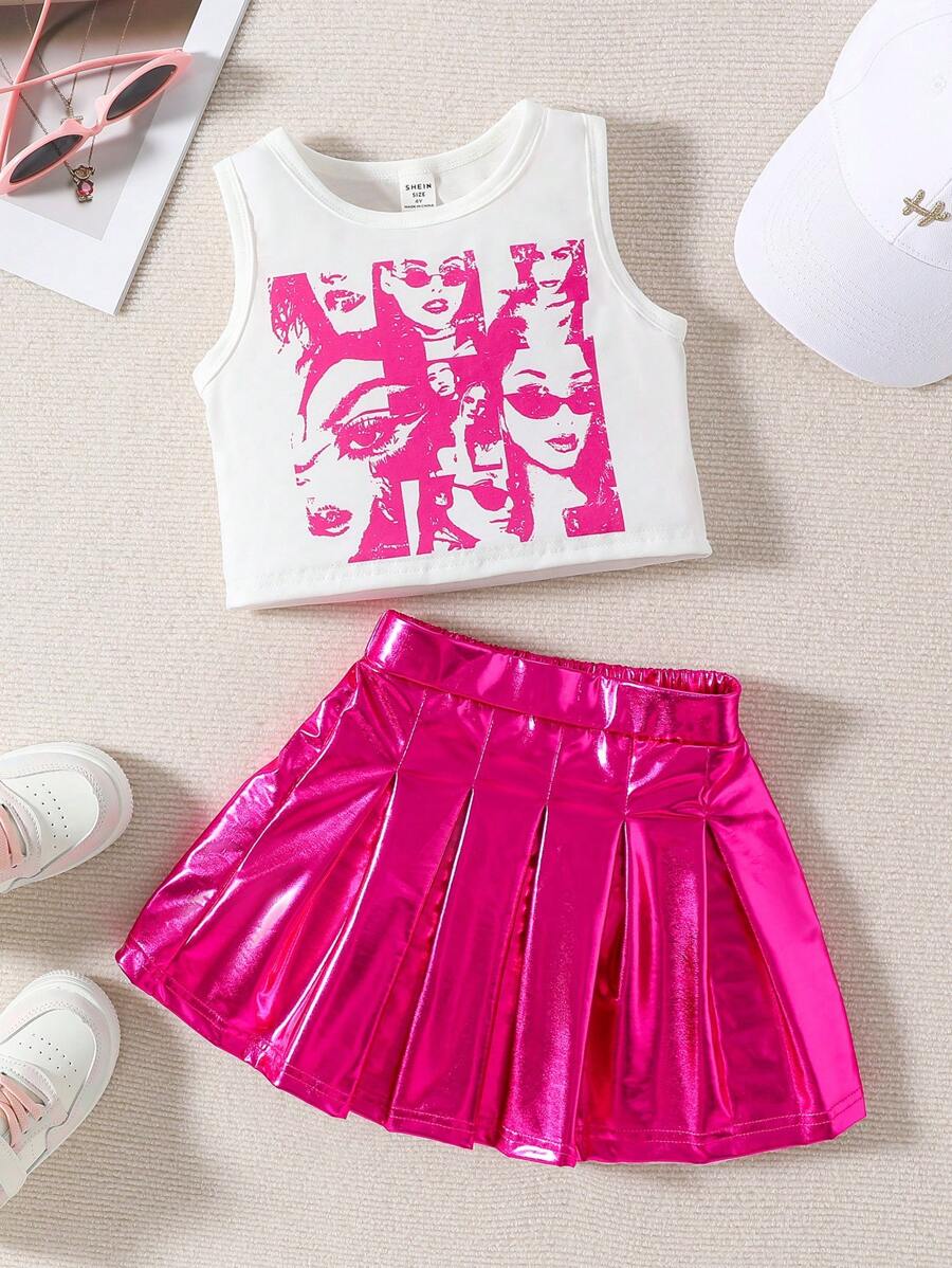 SHEIN Young Girl Portrait Print Tank Top And Pleated Skirt | SHEIN USA