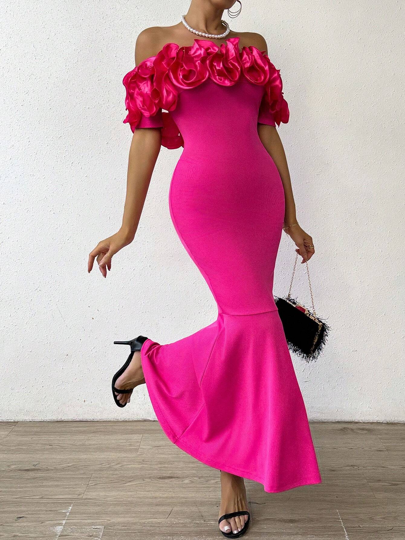 SHEIN Privé Off Shoulder 3d Flower Mermaid Hemline Dress | SHEIN UK