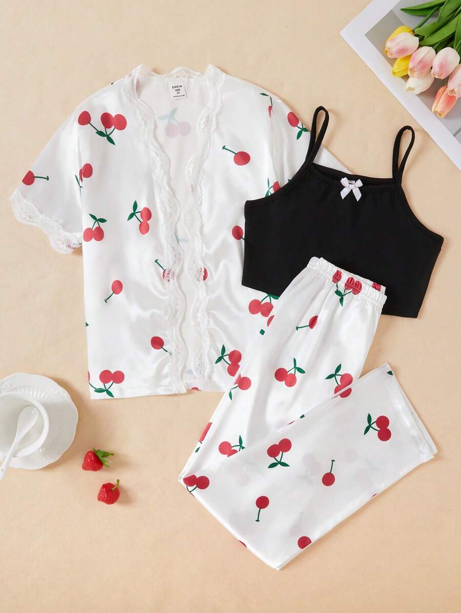 SHEIN 3pcs/Set Elegant Cherry Printed Pajama Set For Tween Girls' Home ...