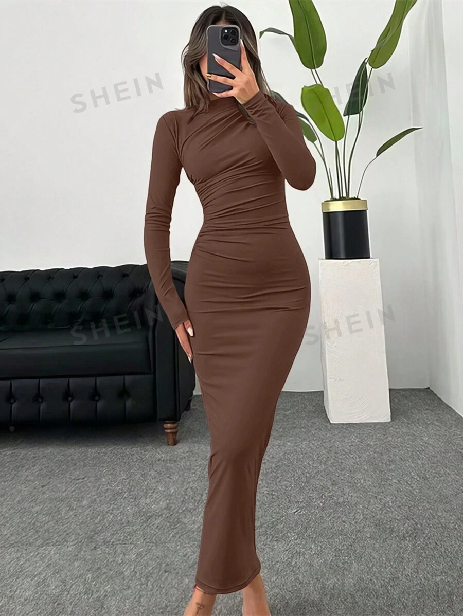 SHEIN Privé Women's Solid Color Stand Collar Long Sleeve Pleated Bodycon Dress | SHEIN UK