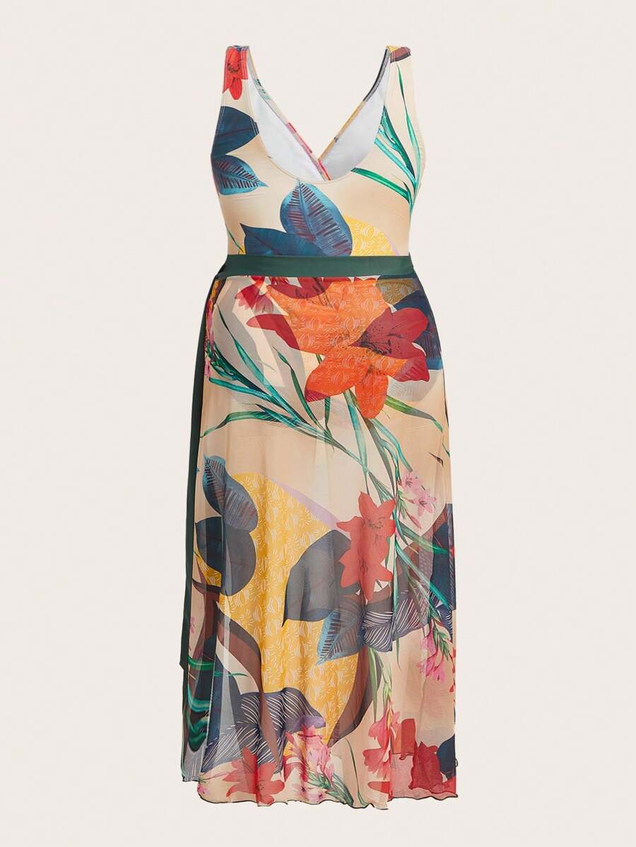 SHEIN Swim Oasis Summer Beach Plus Size Floral Print V Neck One-Piece ...