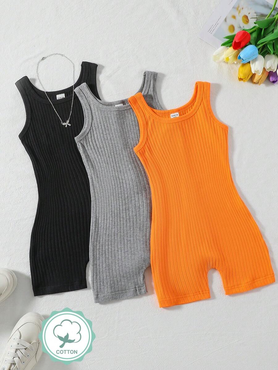 3 Pcs Young Girl Casual Basic Street Style Tight Jumpsuit Set Bodysuits ...