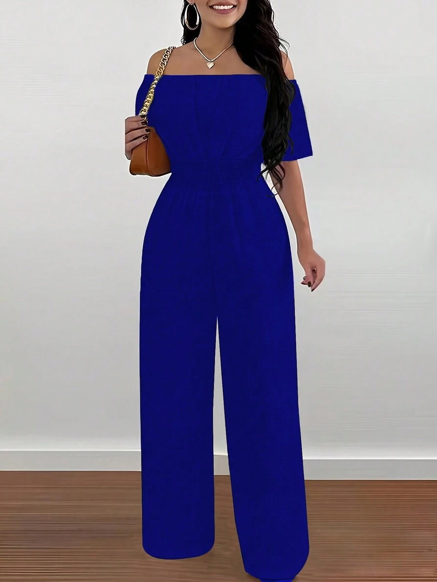 Chiquease Solid Color Off-Shoulder Drawstring Waist Straight Leg Jumpsuit | SHEIN USA